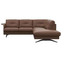 Ecksofa FLEXLUX "Glow, super bequem durch hochwertigem Sitzaufbau mit Federkern, L-Form" Sofas Gr. B/H/T: 236cm x 81cm x 224cm, Echtleder, Ottomane links, Armlehnen in geölter Eiche, braun (old chestnut brown) Modernes skandinavisches Design