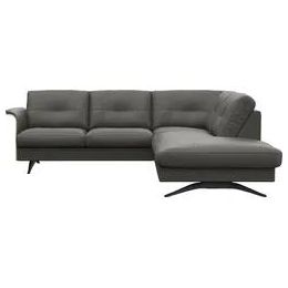 Ecksofa FLEXLUX "Glow, super bequem durch hochwertigem Sitzaufbau mit Federkern, L-Form" Sofas Gr. B/H/T: 236cm x 81cm x 224cm, Echtleder, Ottomane links, Armlehnen in geölter Eiche, grau (warm mineral grau) Modernes skandinavisches Design