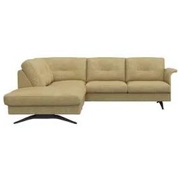 Ecksofa FLEXLUX "Glow, super bequem durch hochwertigem Sitzaufbau mit Federkern, L-Form" Sofas Gr. B/H/T: 236cm x 81cm x 224cm, Bouclé, Ottomane rechts, Armlehnen in geölter Eiche, gelb (mustard yellow) Modernes skandinavisches Design