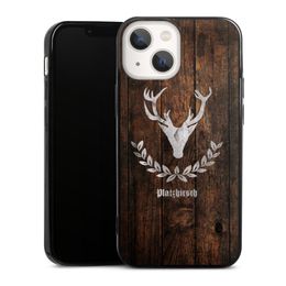 DeinDesign iPhone 13 Mini Handy Slim Case extra d&uuml;nn Silikon Handyh&uuml;lle schwarz H&uuml;lle Wooden Look Deer Wood Silikon Slim Case