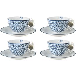 Cappuccinotasse LAURA ASHLEY BLUEPRINT COLLECTABLES "Floris" Trinkgefäße Gr. Ø 9,5cm x 7,1cm, 260 ml, 8 tlg., blau (blau, weiß) 4 Tassen, Untertassen