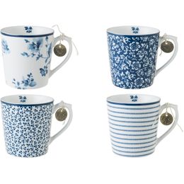 Becher LAURA ASHLEY BLUEPRINT COLLECTABLES "Designs China Rose, Sweet Allysum, Floris, Candy Stripe" Trinkgefäße Gr. Ø 8,8cm x 8,9cm, 320 ml, 4 tlg., blau (bleu, weiß) 4-teilig