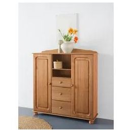 Highboard Home Affaire "Mette", beige (natur gebeizt, gewachst), B:118cm H:125cm T:34cm, FSC-zertifiziertes Massivholz, Sideboards, Stauraumschrank mit 3 Schubladen und verstellbaren Einlegeböden