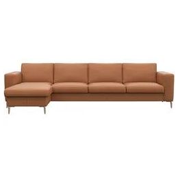 Ecksofa FLEXLUX "Fiore, super bequem durch hochwertigen Sitzaufbau mit Kaltschaum" Sofas Gr. B/H/T: 295cm x 85cm x 159cm, Echtleder, Chaiselongue links, braun (modern cogna) breite Armlehnen, Füße Alu+ Eiche, L-Form