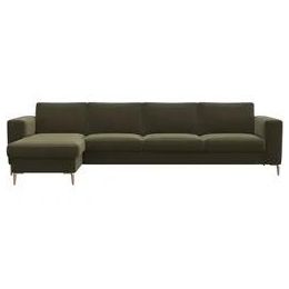 Ecksofa FLEXLUX "Fiore, super bequem durch hochwertigen Sitzaufbau mit Kaltschaum" Sofas Gr. B/H/T: 295cm x 85cm x 159cm, Velvet, Chaiselongue links, grün (moss green) breite Armlehnen, Füße Alu+ Eiche, L-Form