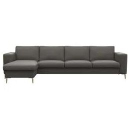 Ecksofa FLEXLUX "Fiore, super bequem durch hochwertigen Sitzaufbau mit Kaltschaum" Sofas Gr. B/H/T: 295cm x 85cm x 159cm, Echtleder, Chaiselongue links, grau (warm mineral) breite Armlehnen, Füße Alu+ Eiche, L-Form