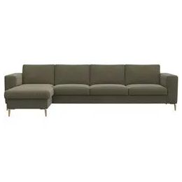 Ecksofa FLEXLUX "Fiore, super bequem durch hochwertigen Sitzaufbau mit Kaltschaum" Sofas Gr. B/H/T: 295cm x 85cm x 159cm, Struktur, Chaiselongue links, grün (moss green) breite Armlehnen, Füße Alu+ Eiche, L-Form