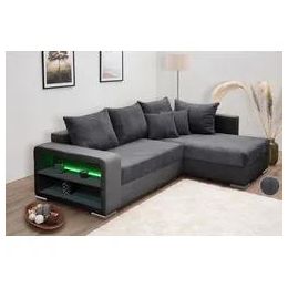 Ecksofa Collection AB "L-Form" Sofas Gr. B/H/T: 226cm x 40cm x 160cm, Microfaser-Cord POSO, Mit Federkern, grau (anthrazit) Regalarmlehne mit LED RGB Beleuchtung,Bettfunktion und Bettkasten