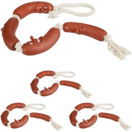 Relaxdays 4 x Hundespielzeug Wurst, kleine & mittlere Hunde, robust, ohne Quietscher, Kauspielzeug, 65 cm lang, rot-weiß