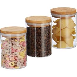 Vorratsdosen Glas, 3er Set, für Pasta, Reis, Müsli, Kaffeebohnen, Volumen 600 ml, HxD 14x9,5 cm, Bambus, natur - Relaxdays