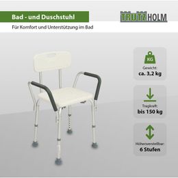 TrutzHolm Duschstuhl mit Rückenlehne + Armlehnen Badhocker höhenverstellbar 150 Kg Duschhocker