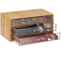 Relaxdays - Kosmetik Organizer, 3 Schubladen, Make Up & Schmuckaufbewahrung, hbt 15x30x17,5cm, Bambus Schubladenbox, natur