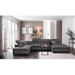 Wohnlandschaft Home Affaire "Alberto U-Form", grau (anthrazit), B:350cm H:73cm T:228cm, 100% Polyester;Microfaser in Antiklederoptik (100% Polyester);Luxus-Microfaser Vintageoptik (100% Polyester);Luxus-Microfaser weich (90%Polyester 10%Polyamid), Sofas, mit Kopfteilverstellung, wahlweise mit Bettfunktion