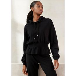 Hoodie Lascana, Damen, Gr. 48/50, schwarz, Sweatware, Obermaterial: 100% Baumwolle, unifarben, figurumspielend h&uuml;ftlang, angesetztes B&uuml;ndchen, Sweatshirts Hoodie, mit elastischer Raffung in der Taille, Loungewear