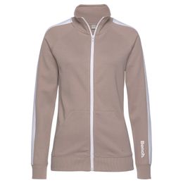 Sweatjacke BENCH. LOUNGEWEAR, Damen, Gr. 36/38, beige (beige, wei&szlig;), Jersey, Obermaterial: 60% Baumwolle, 40% Polyester, unifarben mit Farbeinsatz, bequem h&uuml;ftbedeckend, ohne Ausschnitt, Raglan&auml;rmel Rippb&uuml;ndchen, Sweatjacken Sweatjacke, mit Seitenstreifen und Stehkragen, Loungewear