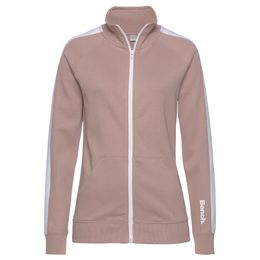 Sweatjacke BENCH. LOUNGEWEAR, Damen, Gr. 32/34, beige (beige, weiß), Jersey, Obermaterial: 60% Baumwolle, 40% Polyester, unifarben mit Farbeinsatz, bequem hüftbedeckend, ohne Ausschnitt, Raglanärmel Rippbündchen, Sweatjacken, mit Seitenstreifen und Stehkragen, Loungewear