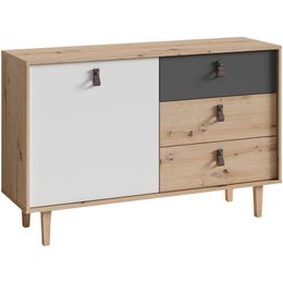 ByLiving - Sideboard bill / Kommode Artisan Eiche Optik hellbraun / Schrank mit 1 Tür und 3 Schubkästen / Fronten in weiß und grau / Schlaufen-Griffe