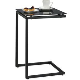 Relaxdays - Beistelltisch in C-Form, hbt 60 x 40 x 40 cm, Sesseltisch zum Unterschieben, Metall & Glas, Sofatisch, schwarz