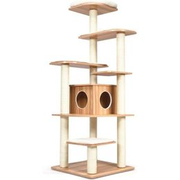 Costway - 175cm Katzenbaum abnehmbare&waschbare Matte,6-stufiger Katzenkratzbaum Holz, Kratzbaum Spielhaus mit Hoehle und 5 Matten, Katzenmoebel