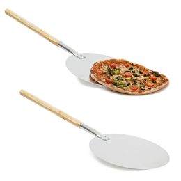 Relaxdays 2 x Pizzaschaufel rund, Pizzaschieber, Holzgriff, Profi Pizzaheber & Brotschieber, Aluminium, Ø 30cm, natur/silber