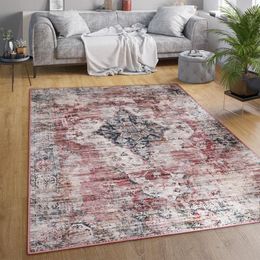 Teppich Wohnzimmer Flachgewebe Orient Marokkanisch Ornamente Vintage Waschbar 140x200 cm, Rot - Paco Home