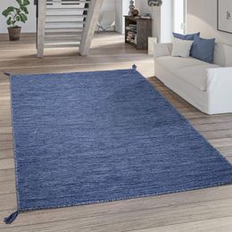 Paco Home - Teppich Wohnzimmer Modern Einfarbig Mit Fransen Baumwolle Webteppich In Blau 240x340 cm