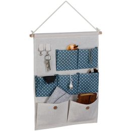 Hängeorganizer, 7 Fächer, 2 Haken, Baumwolle, HxB: 60x39 cm, Bad, Flur, Büro, Organizer zum Hängen, creme/blau - Relaxdays