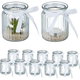 Relaxdays - Windlicht, 12er Set, aus Glas, Teelichtgläser mit Schleife, innen & außen, Teelichthalter Deko, transparent