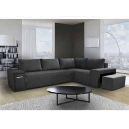 Sofa mit Schlaffunktion Kardo - Ecksofa mit Zwei Bettkasten, Samtstoff, Puff, Schublade - Eckcouch L-Form Rechts - Schwarz - Schwarz - Graingold