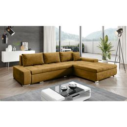 Ecksofa mit Bettkasten Kastalo - Ecksofa l mit Schlaffunktion - Samtstoff, Kissen, Couch - Orange - Orange