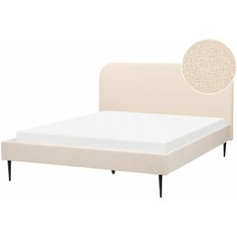 Beliani Bett Hellbeige Bouclé mit Lattenrost 160 x 200 cm Metallfüße Schwarz Hohes Kopfteil Retro Glamourös Polsterbett Doppelbett Schlafzimmer