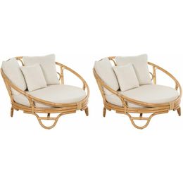 Beliani - Sonneninsel 2er Set Natürlich Rattan Auflagen Beige Stoff Rund Boho Gartenmuschel Rattaninsel Loungemöbel Outdoor Garten Terrasse