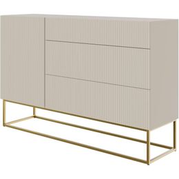 Selsey - veldio - Sideboard Kommode mit 3 Schubladen, Graubeige Taupe mit goldenem Metallgestell, 140 cm breit