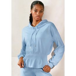 Hoodie Lascana, Damen, Gr. 32/34, blau (hellblau), Sweatware, Obermaterial: 100% Baumwolle, unifarben, figurumspielend hüftlang, angesetztes Bündchen, Sweatshirts Hoodie, mit elastischer Raffung in der Taille, Loungewear