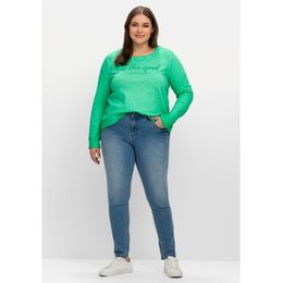 Stretch-Jeans sheego "Große Größen" Gr. 44, Normalgrößen, blau (blue denim) Damen Jeans für sehr schmale Beine und mehr Bauch