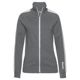 Sweatjacke BENCH. LOUNGEWEAR, Damen, Gr. 32/34, grau (stone, weiß), Jersey, Obermaterial: 60% Baumwolle, 40% Polyester, unifarben mit Farbeinsatz, Sportlich, bequem hüftbedeckend, ohne Ausschnitt, Raglanärmel Rippbündchen, Sweatjacken, mit Seitenstreifen und Stehkragen, Loungewear