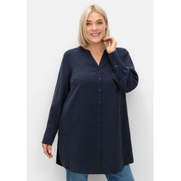 Longbluse sheego "Große Größen" Gr. 52, blau (marine), Damen, Obermaterial: 86% Modal, 14% Polyester, unifarben, Blusen, mit Raffung am Rückenteil