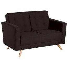 2-Sitzer Max Winzer "Julius zeitlos, elegant im skandinavischen Stil, mit hohem Sitzkomfort" Sofas Gr. B/H/T: 128cm x 81cm x 83cm, Strukturwebstoff 16523, braun (schoko) mit Knopfheftung, Retro, schmale Armlehnen, Breite 128 cm