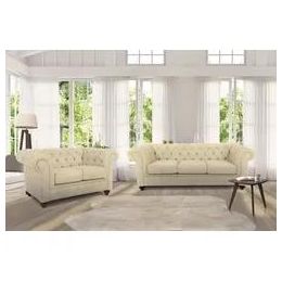 Chesterfield-Sofa Home Affaire "Duc 3-Sitzer" Sofas Gr. B/H/T: 198cm x 74cm x 89cm, Samtoptik, beige hochwertige Knopfheftung im Rücken, Samtoptik mit changierender Optik