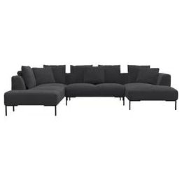 Ecksofa FLEXLUX "Sava U-Form, bequem und komfortabel durch den hochwertigen Sitzaufbau" Sofas Gr. B/H/T: 370cm x 94cm x 222cm, Lederoptik, langer Schenkel links, schwarz (gorilla black) Schwarze Metallfüße, mit losen Rückenkissen, Luxuriöses Sitzkomfort