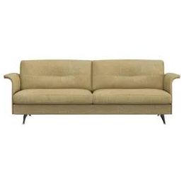 3-Sitzer FLEXLUX "Glow Designsofa, bequem und komfortabel durch hochwertigen Sitzaufbau" Sofas Gr. B/H/T: 224cm x 81cm x 91cm, Bouclé, Armlehnen in Walnuss, gelb (mustard yell) Skandinavisches Design, In hochwertiger Verarbeitung