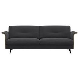 3-Sitzer FLEXLUX "Glow Designsofa, bequem und komfortabel durch hochwertigen Sitzaufbau" Sofas Gr. B/H/T: 224cm x 81cm x 91cm, Lederoptik, Armlehnen in Walnuss, schwarz (gorilla blac) Skandinavisches Design, In hochwertiger Verarbeitung