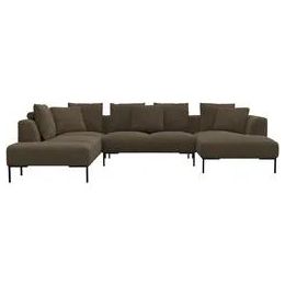 Ecksofa FLEXLUX "Sava U-Form, bequem und komfortabel durch den hochwertigen Sitzaufbau" Sofas Gr. B/H/T: 370cm x 94cm x 222cm, Lederoptik, langer Schenkel links, braun (camel brown) Schwarze Metallfüße, mit losen Rückenkissen, Luxuriöses Sitzkomfort