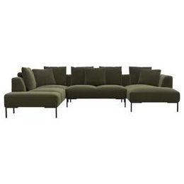 Ecksofa FLEXLUX "Sava U-Form, bequem und komfortabel durch den hochwertigen Sitzaufbau" Sofas Gr. B/H/T: 370cm x 94cm x 222cm, Velvet, langer Schenkel links, grün (moss green) Schwarze Metallfüße, mit losen Rückenkissen, Luxuriöses Sitzkomfort