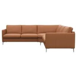 Ecksofa FLEXLUX "Fiore, gleichschenklig, bequem durch hochwertigem Sitzaufbau", braun (modern cogna), B:249cm H:85cm T:92cm, 100% Echteder, Sofas, schmale Armlehnen, super Sitzkomfort durch Kaltschaum, Füße Alu