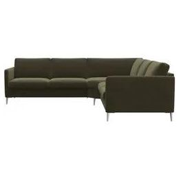 Ecksofa FLEXLUX "Fiore, gleichschenklig, bequem durch hochwertigem Sitzaufbau" Sofas Gr. B/H/T: 249cm x 85cm x 92cm, Velvet, Schenkel links, grün (moss green) schmale Armlehnen, super Sitzkomfort durch Kaltschaum, Füße Alu