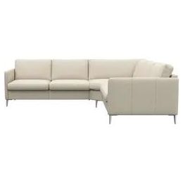 Ecksofa FLEXLUX "Fiore, gleichschenklig, bequem durch hochwertigem Sitzaufbau" Sofas Gr. B/H/T: 249cm x 85cm x 92cm, Echtleder, Schenkel links, weiß (warm white) schmale Armlehnen, super Sitzkomfort durch Kaltschaum, Füße Alu