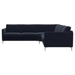 Ecksofa FLEXLUX "Fiore, gleichschenklig, bequem durch hochwertigem Sitzaufbau" Sofas Gr. B/H/T: 249cm x 85cm x 92cm, Velvet, Schenkel links, blau (royal blau) schmale Armlehnen, super Sitzkomfort durch Kaltschaum, Füße Alu