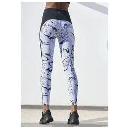 Leggings Lascana ACTIVE "White Marble" Gr. 40/42, N-Gr, gelb (weiß, schwarz, gemustert, neongelb), Damen, Obermaterial: 85% Polyester, 15% Elasthan, gemustert, kontrastfarbene Details, Hosen, Sporthose im Marmor-Muster mit Seitenstreifen