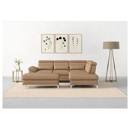 Sit & More Ecksofa SIT & MORE "Cabrio L-Form, mit Sitztiefenverstellung, Arm- und Kopfteilverstellung" Sofas Gr. B/H/T: 274cm x 87cm x 230cm, NaturLEDER, Ottomane rechts, ohne Bettfunktion-ohne Bettkasten-mit 3 Nierenkissen-Rücken mit Leder bezogen, braun (cappucino) 3 Nierenkissen, Federkern, optional Bettfunktion und Stauraum